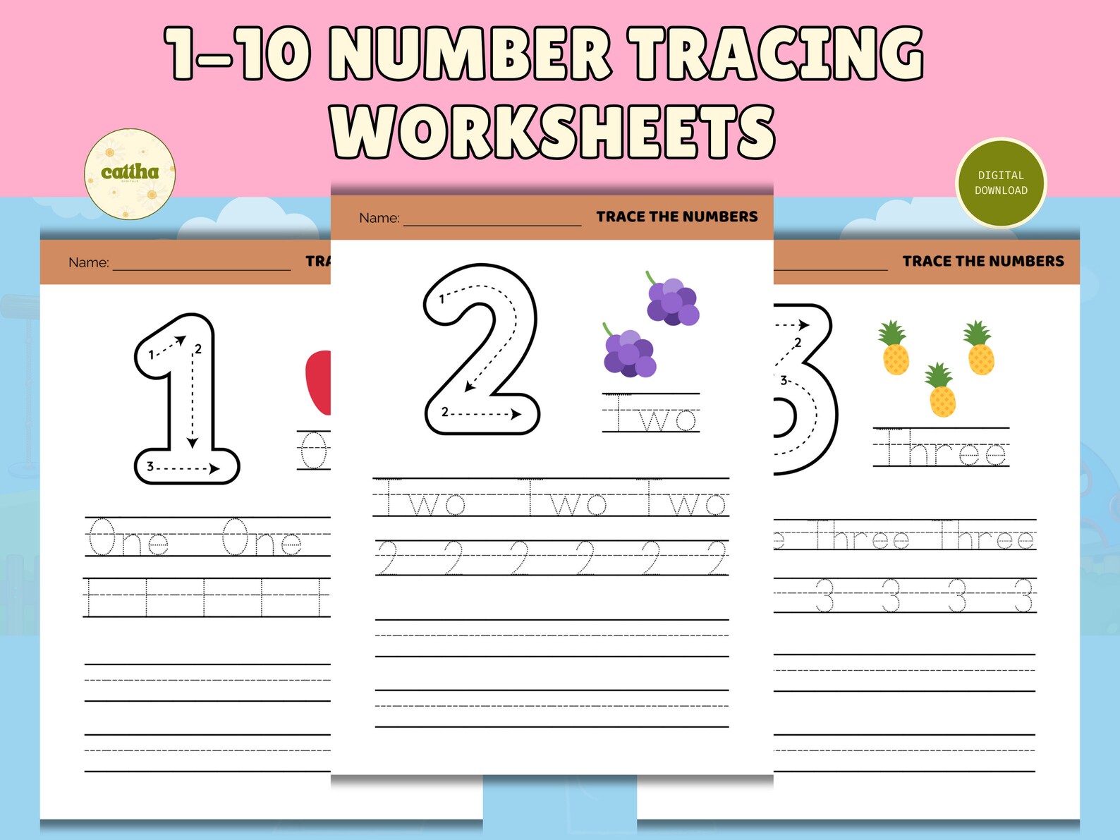 Number Tracing Worksheets, Printable Preschool,handwriting Practice ...