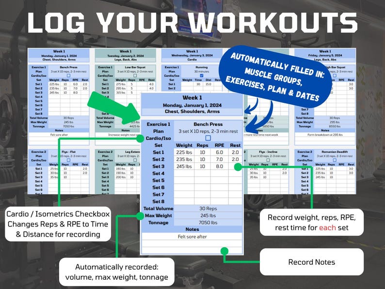 Fitness Workout Planner and Log, Body Weight Tracker, Spreadsheet ...