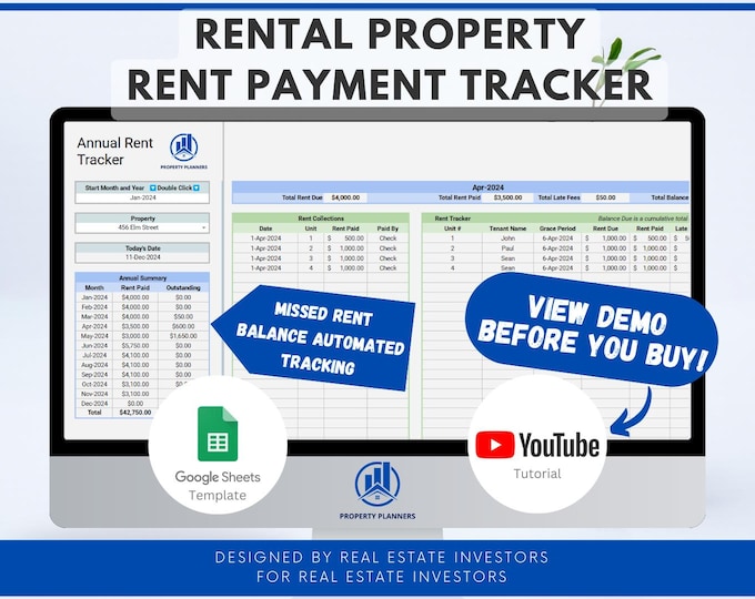 Tenant Rent Payment Tracker for Landlord, Rental Property, Rent Roll ...