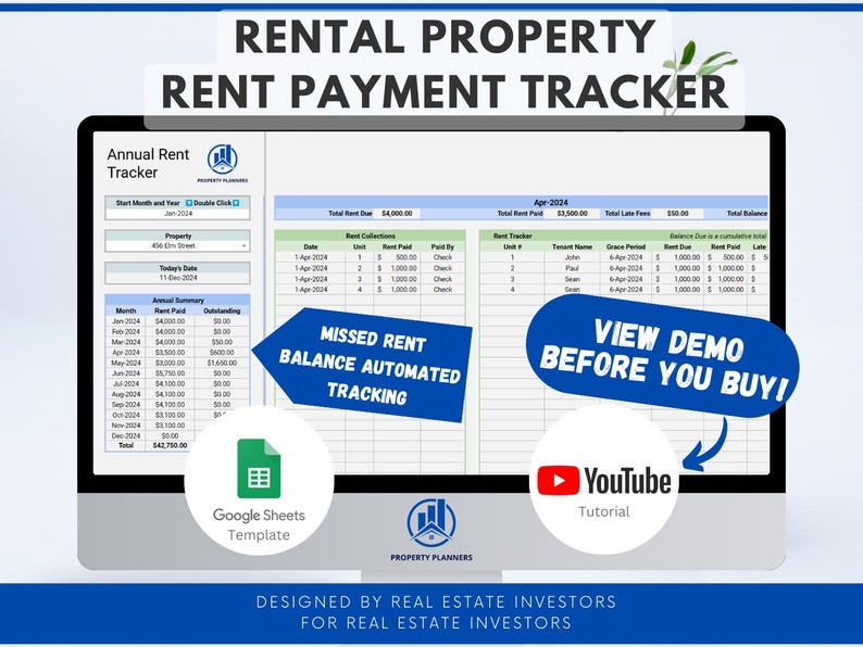 Tenant Rent Payment Tracker for Landlord, Rental Property, Rent Roll ...