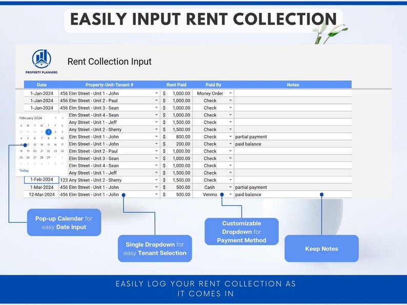 Tenant Rent Payment Tracker for Landlord, Rental Property, Rent Roll ...