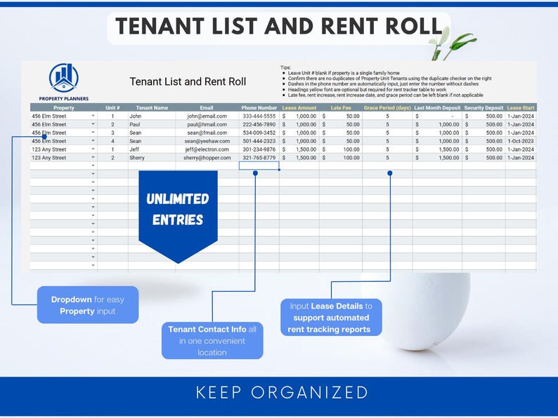 Tenant Rent Payment Tracker for Landlord, Rental Property, Rent Roll ...