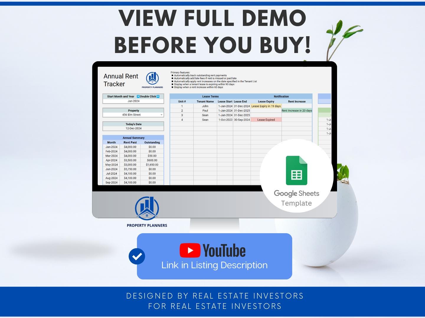 Tenant Rent Payment Tracker for Landlord, Rental Property, Rent Roll ...