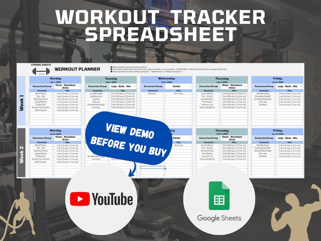 Fitness Workout Planner and Log, Body Weight Tracker, Spreadsheet ...