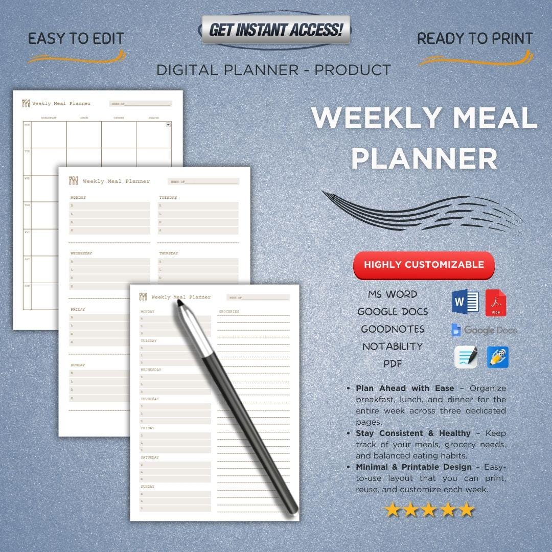 Weekly Meal Planner With Grocery List Printable Editable Template, 7 ...