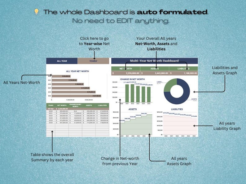 Multi-year Net Worth Dashboard, Annual Net Worth Tracker Spreadsheet ...