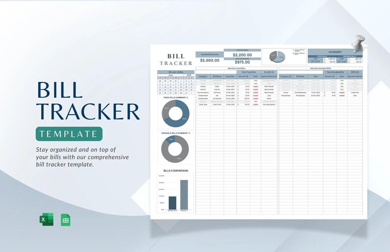 Bill Tracker Spreadsheet Google Sheets Excel Bill Calendar Monthly ...