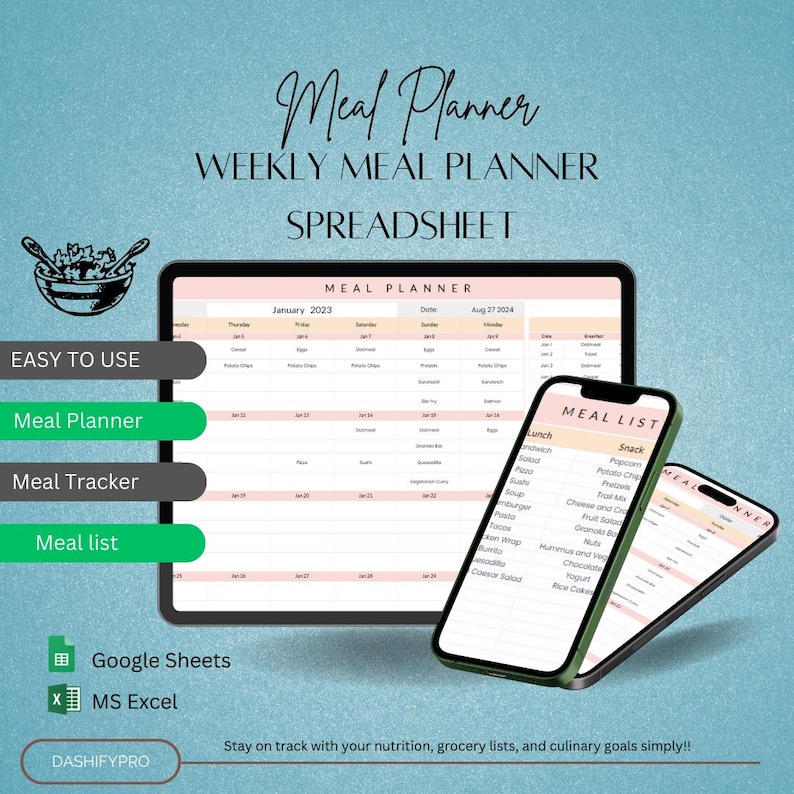 Weekly Meal Planner Spreadsheet Google Sheets Excel Recipe Journal ...
