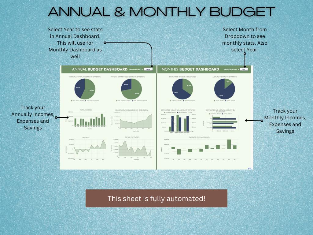 2025 Annual & Monthly Budget Spreadsheet | Income and Expenses Tracker ...