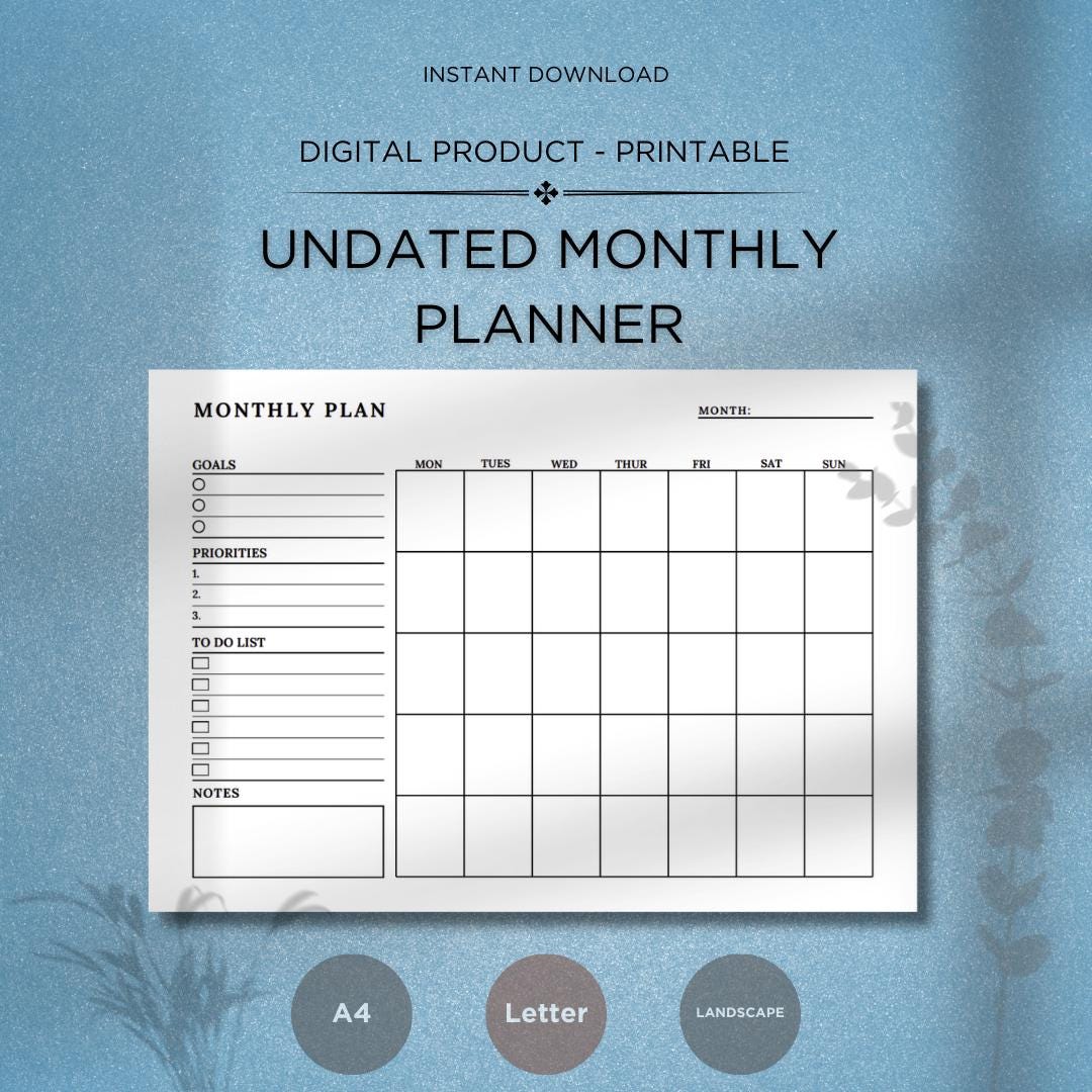 Undated Monthly Planner Landscape, Monthly Organizer, Blank Calendar ...