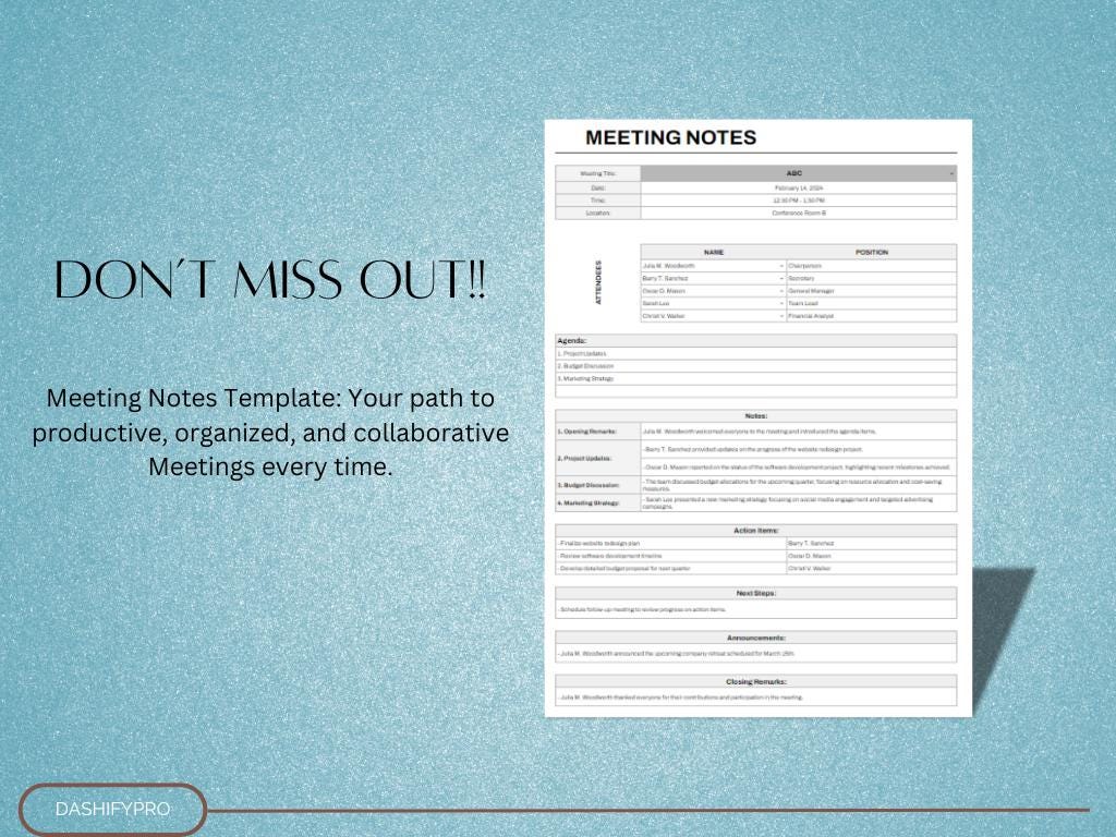 Meeting Notes Excel & Google Sheet Template | Agenda | Minutes | Action ...