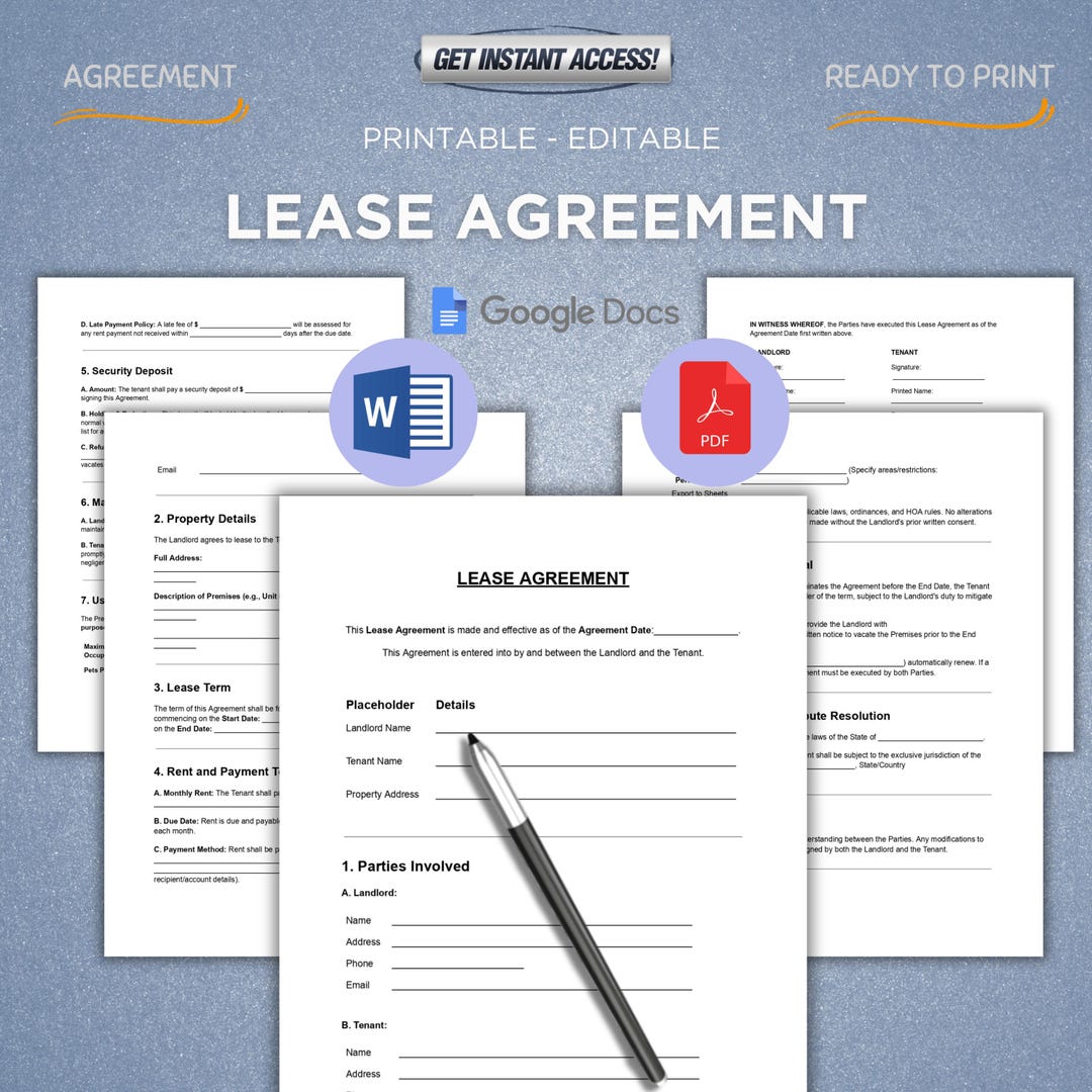 Lease Agreement Contract Template | Rental Agreement Form | Editable ...