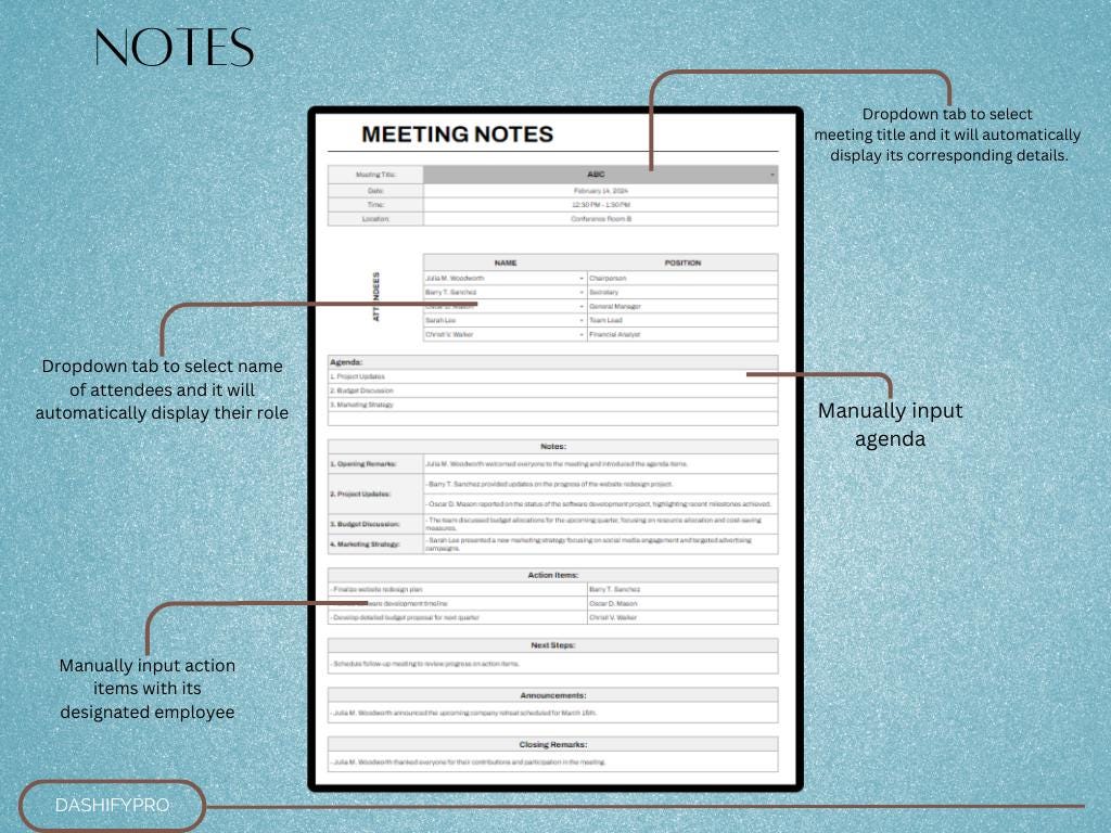 Meeting Notes Excel & Google Sheet Template | Agenda | Minutes | Action ...