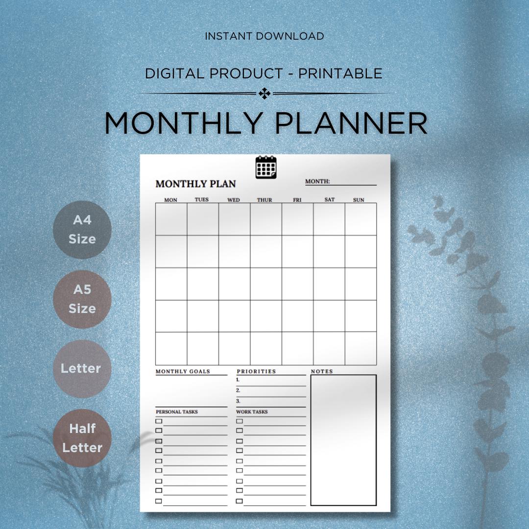 Monthly Work Planner Printable PDF Monthly Agenda Month at Glance Goal ...