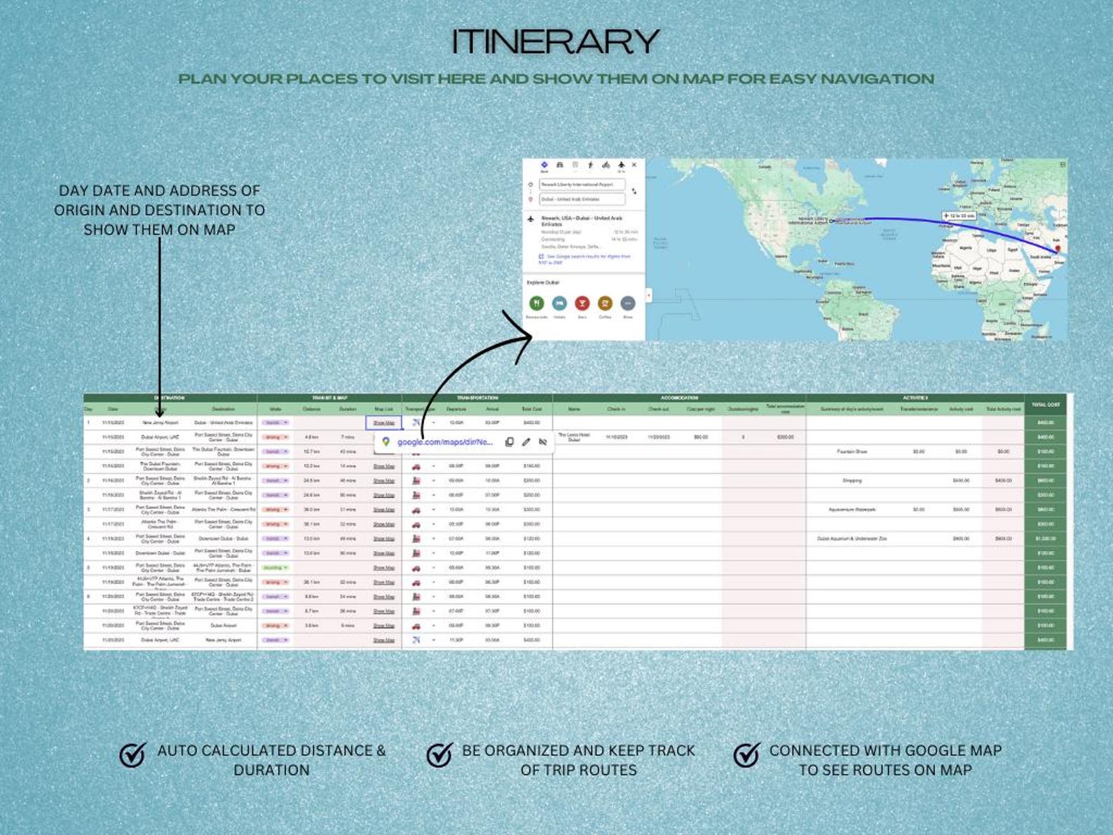 Digital Travel Planner Spreadsheet Template for Google Sheets: Vacation ...