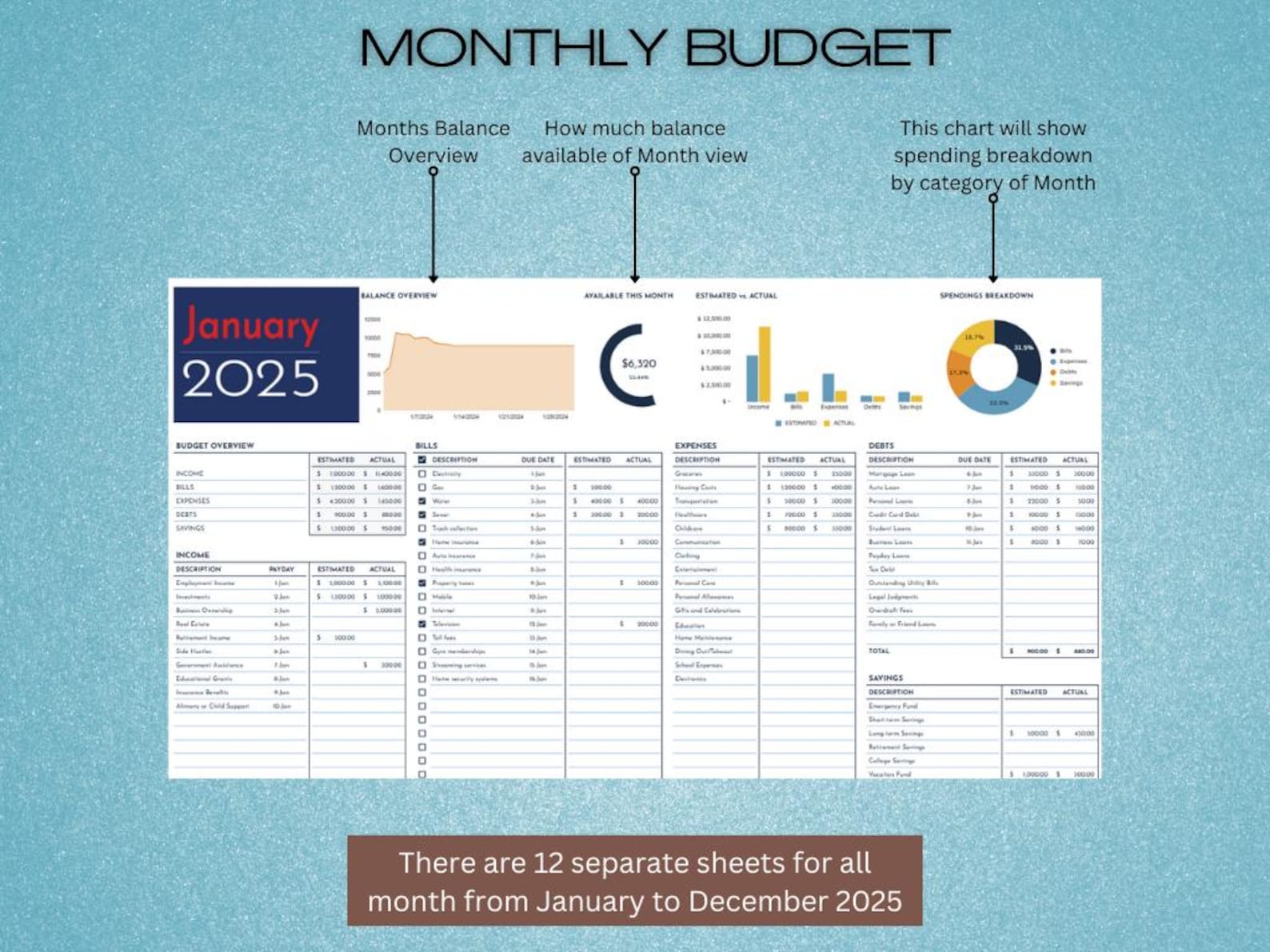 2025 Annual & Monthly Budget Planner Spreadsheet | Bills Calendar ...