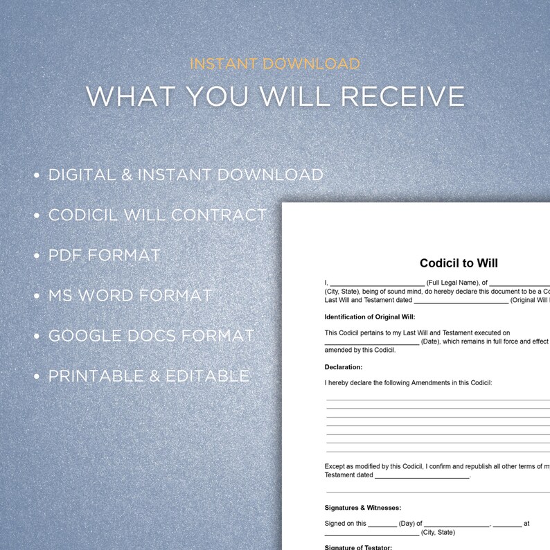 Codicil to Will Contract Template | Last Will Amendment Form | Editable ...