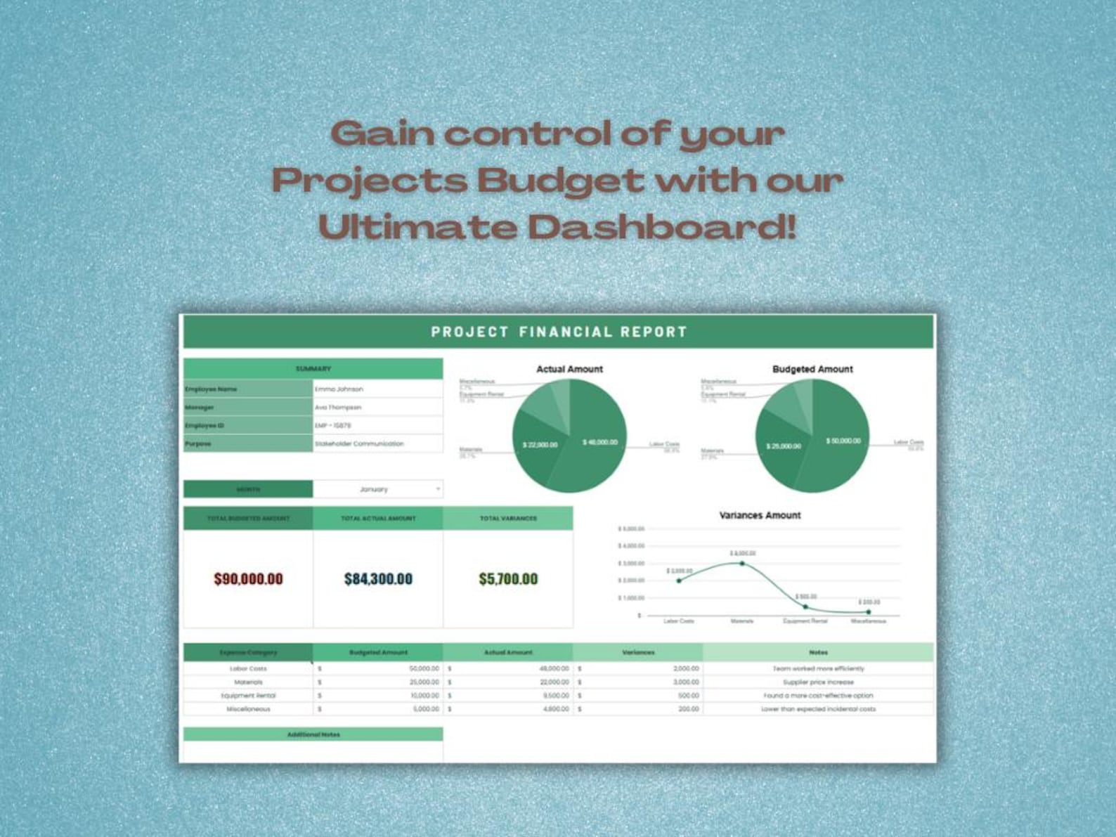 Project Budget Report Dashboard Spreadsheet | Project Cost Matrix ...