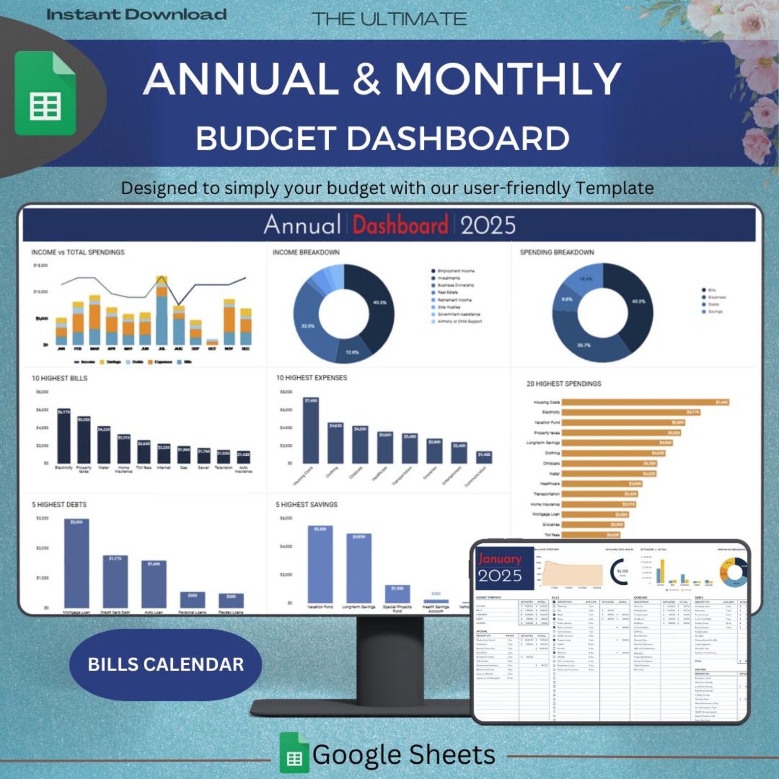 2025 Annual & Monthly Budget Planner Spreadsheet | Bills Calendar ...