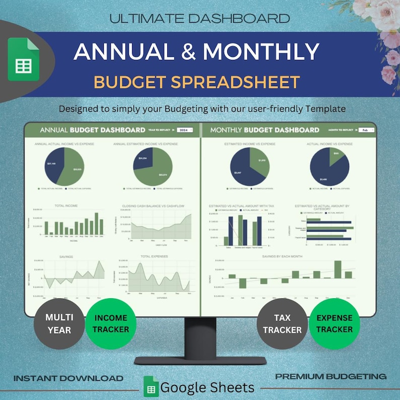 2025 Annual & Monthly Budget Spreadsheet | Income and Expenses Tracker ...