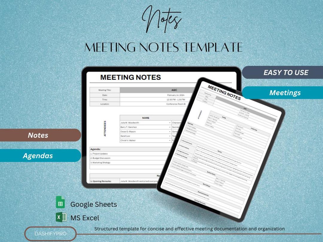 Meeting Notes Excel & Google Sheet Template | Agenda | Minutes | Action ...