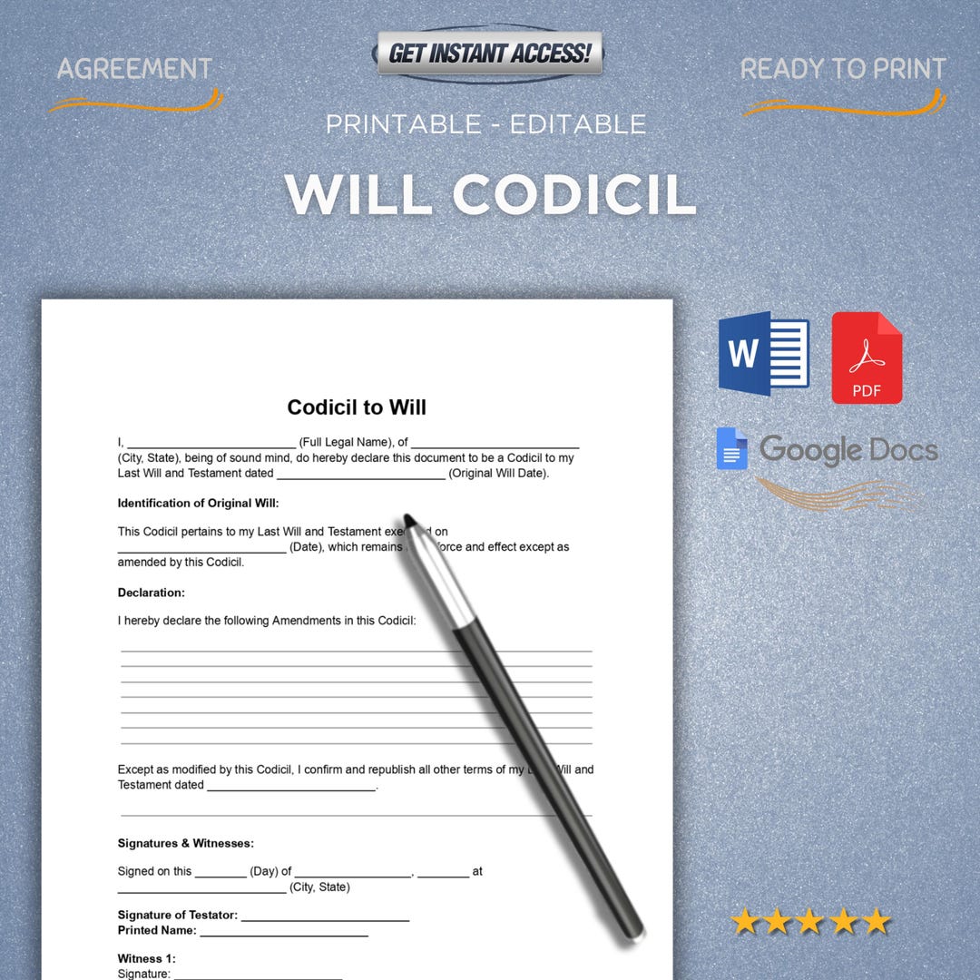 Codicil to Will Contract Template | Last Will Amendment Form | Editable ...
