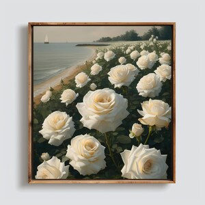 Printable Coastal Rose Flower Field Landscape Painting, Vintage Summer ...