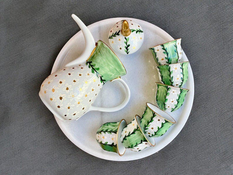 Elegant Hand-painted Porcelain Arabic Coffee Set With Potdallah 8-piece ...