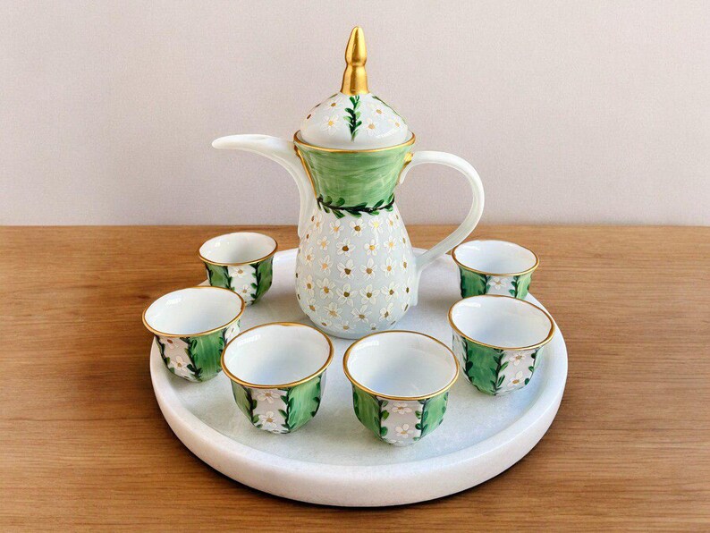 Elegant Hand-painted Porcelain Arabic Coffee Set With Potdallah 8-piece ...