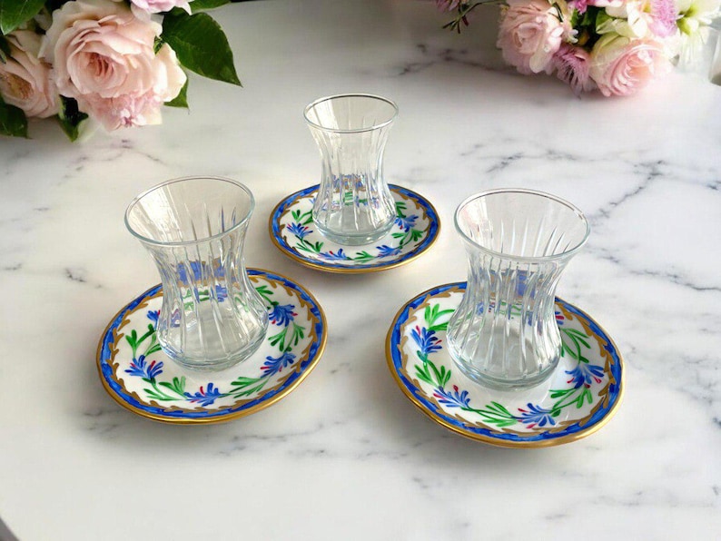Traditional Turkish Tea Glass Set W/ Hand-painted Floral Luxury Design ...