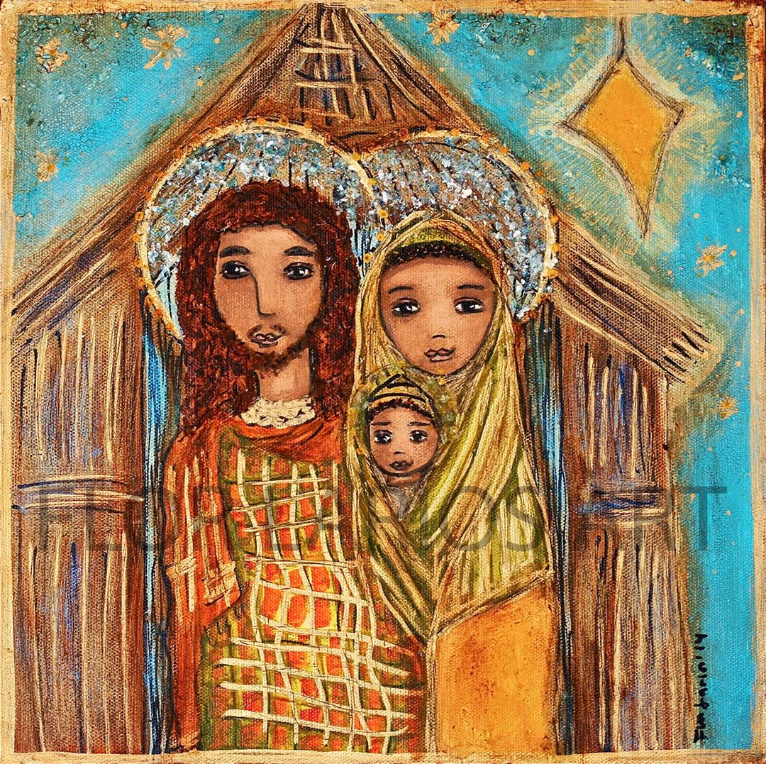 Golden Stars Nativity - Print on Wood (4 X 4 Inches) Folk Art by FLOR LARIOS - Etsy
