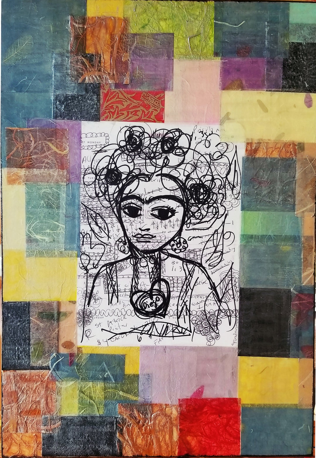 Frida Window Drawing Original Mixed Media Collage on Wood Folk Art by FLOR LARIOS 14 X 20 INCHES ...