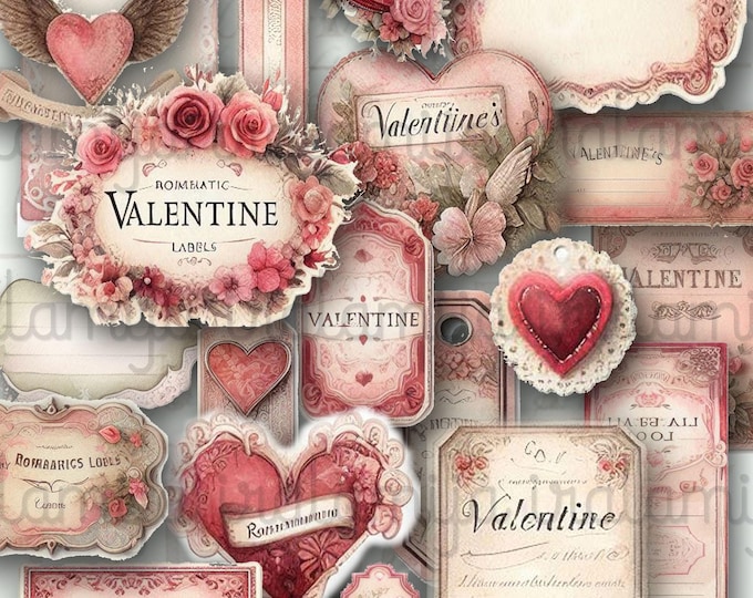 VALENTINE SHABBY MINI Labels Journal Kit Shabby Floral Romantic Labels ...