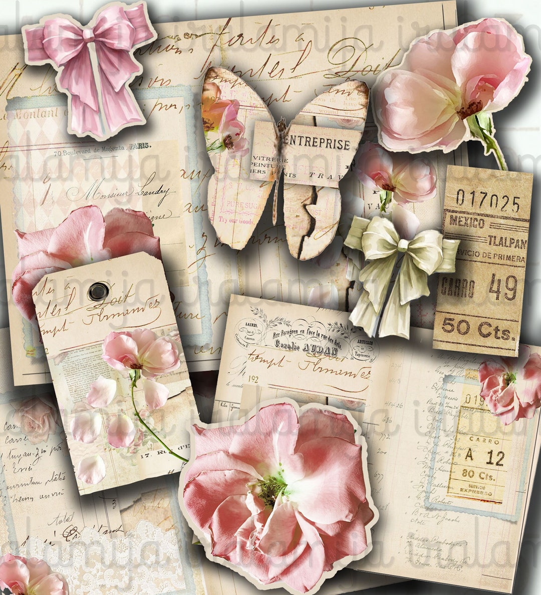 NATURAL ROSES Papers, Junk Journal, Pages, Floral, Vintage, Shabby ...