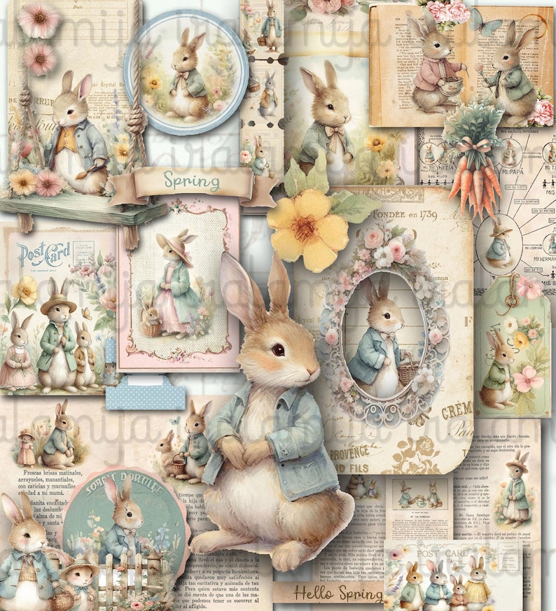 COTTONTAIL STORY Junk Journal Ephemera Digital Fussy Cut Journal Rabbit ...