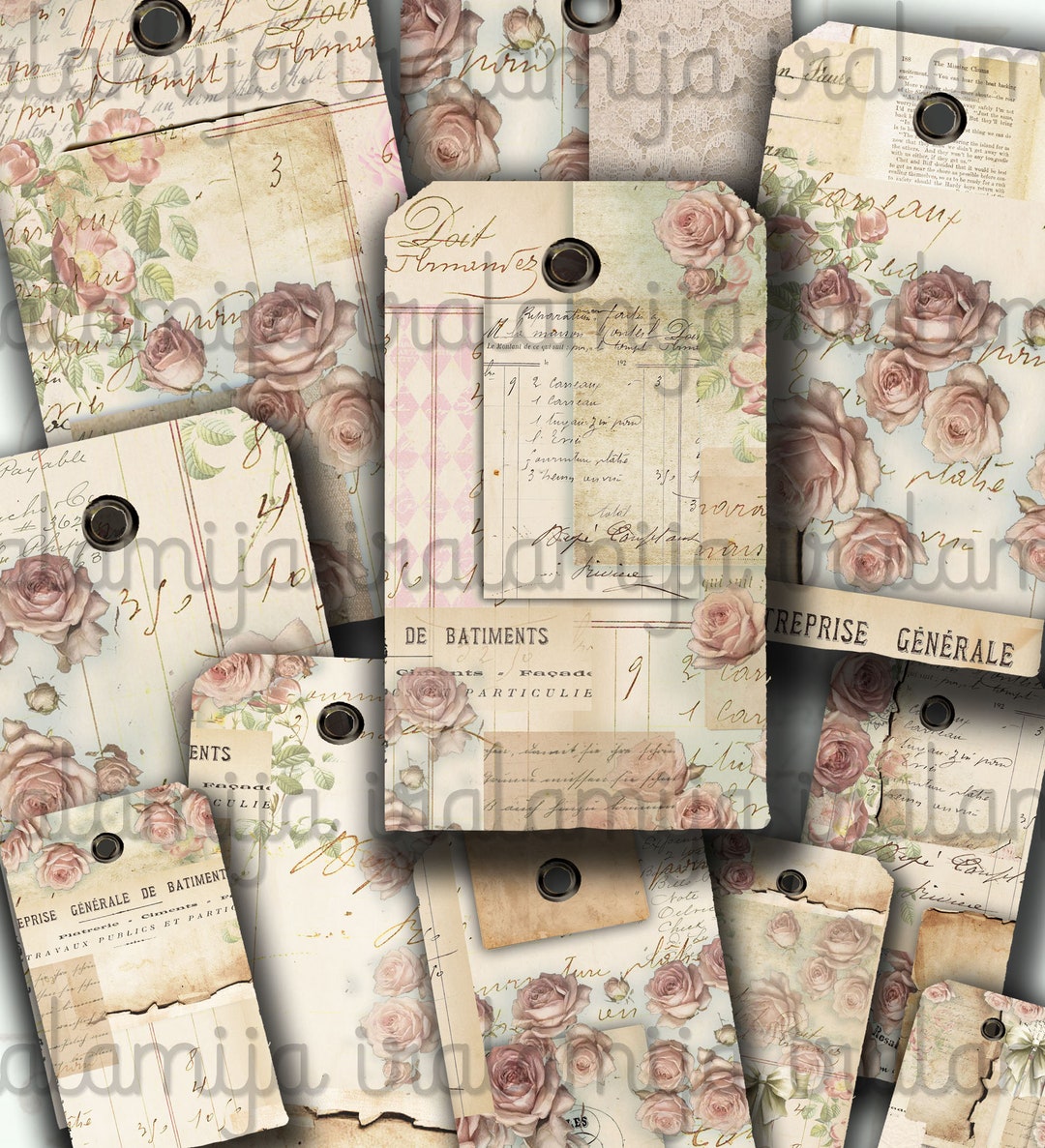LEDGER PATCHWORK TAGS, Junk Journal, Pages, Floral, Vintage, Shabby ...