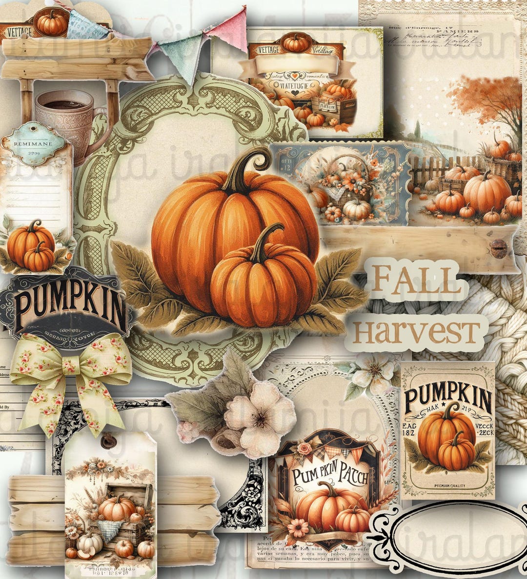 PUMPKIN PATCH Junk Journal Ephemera Kit Printable Vintage Shabby Autumn ...