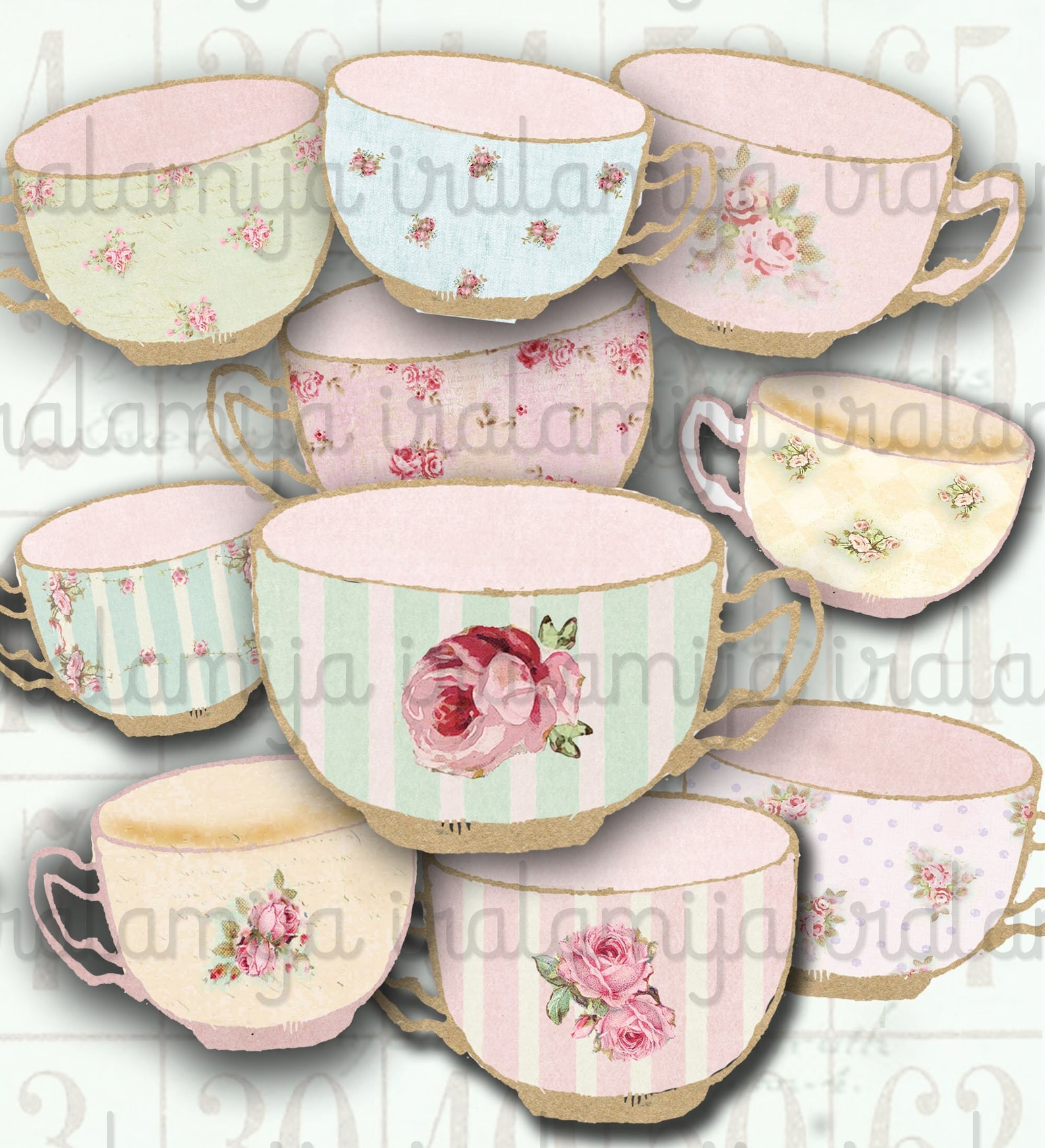TEA CUPS Digital Download, Shabby Tea Cup Images , Stickers, Printable ...