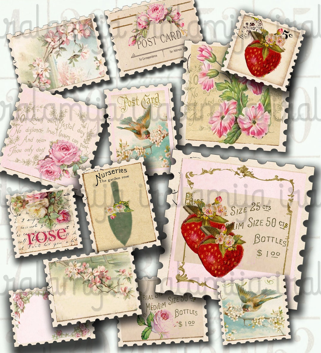 SPRING GARDEN Stamps Cut Outs - FAUX Stamps Digital Images - Download ...