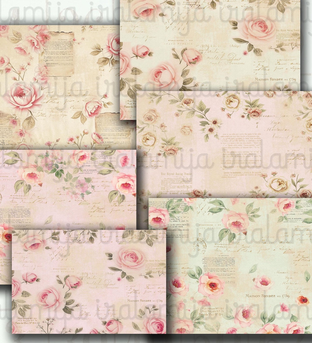 ROMANTIC SCRIPT Papers, Junk Journal, Pages, Floral, Vintage, Shabby ...