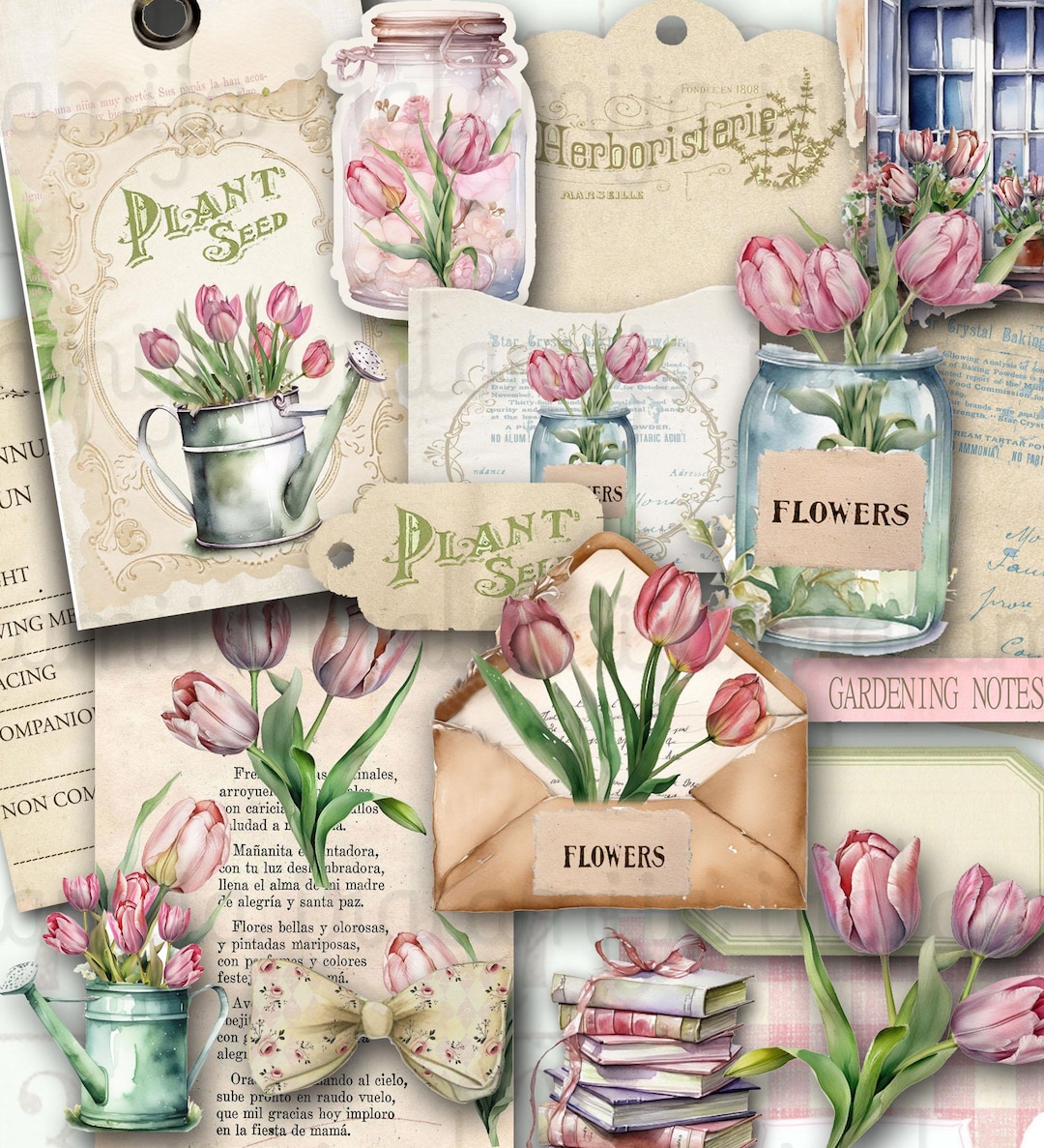TULIPS Junk Journal, Digital Paper, Journal, Floral, Shabby, Digital ...