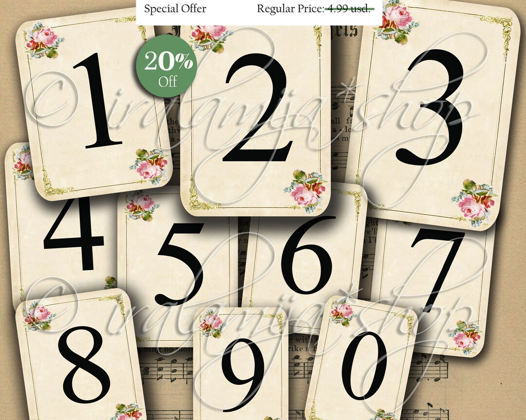 NUMBER Cards Junk Journal, Flip Book, Planner, Tags, Ephemera, Roses ...