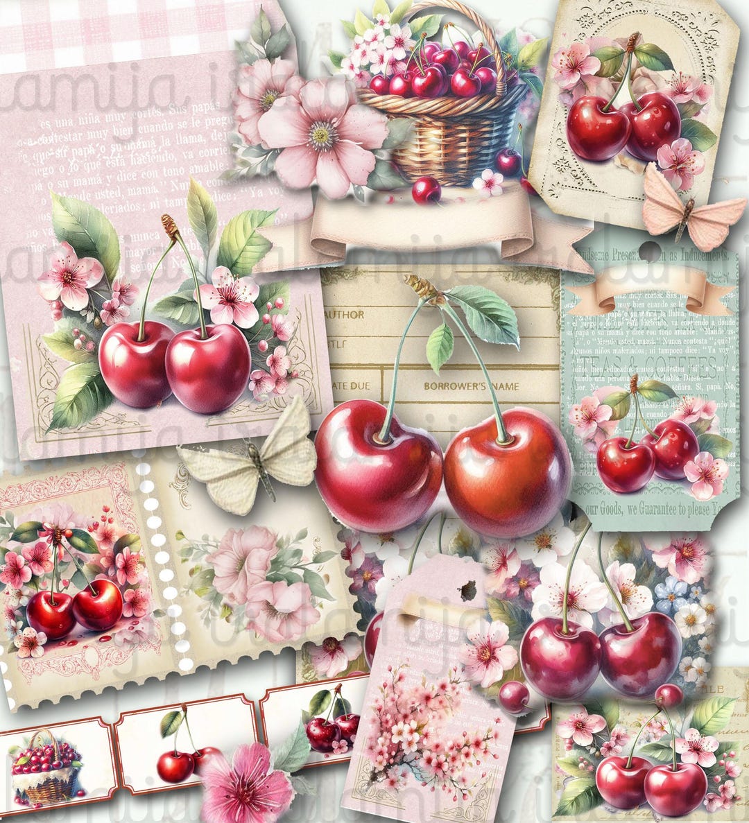 CHERRY Junk Journal, Digital Paper, Journal, Floral, Shabby, Vintage ...