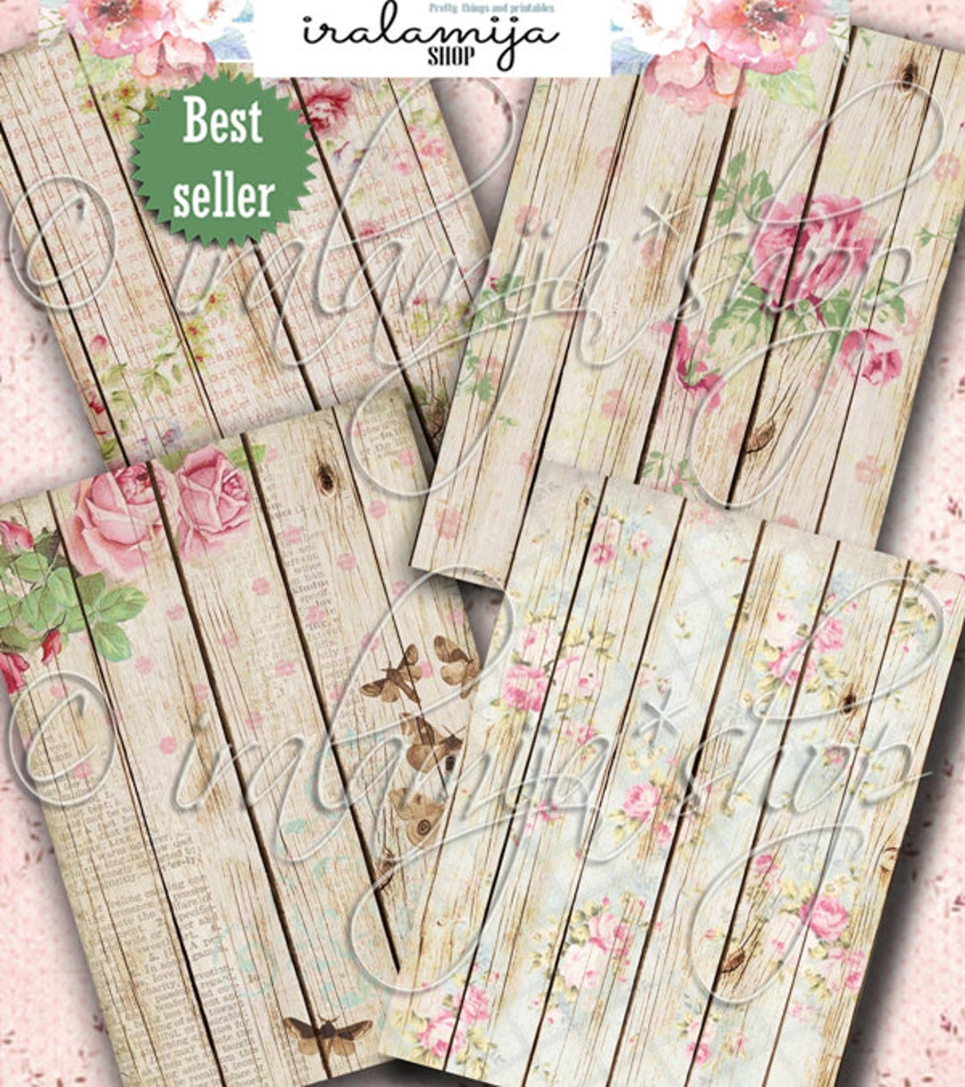 WOOD FLORAL Backgrounds Collage Digital Images -printable Download File ...