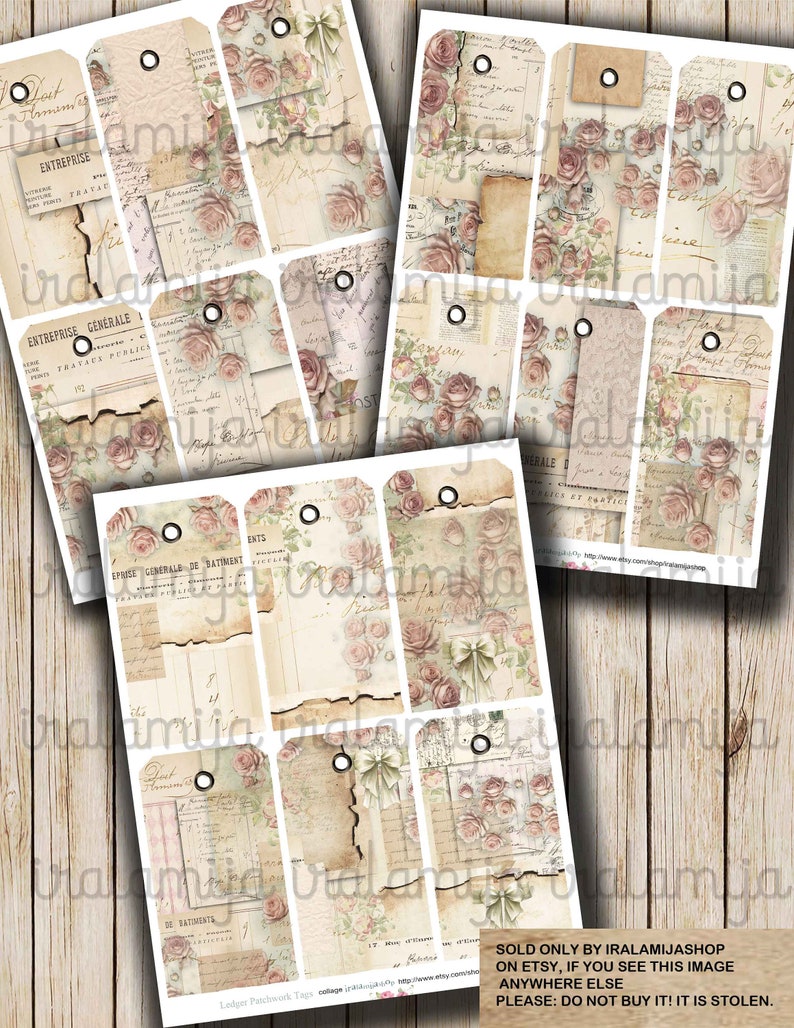 LEDGER PATCHWORK TAGS, Junk Journal, Pages, Floral, Vintage, Shabby ...