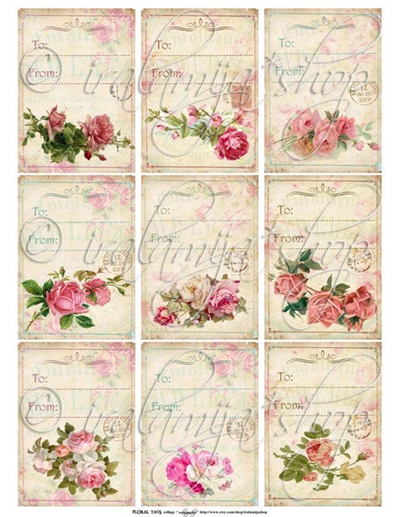 FLORAL TAGS collage Digital Images printable download file | Etsy