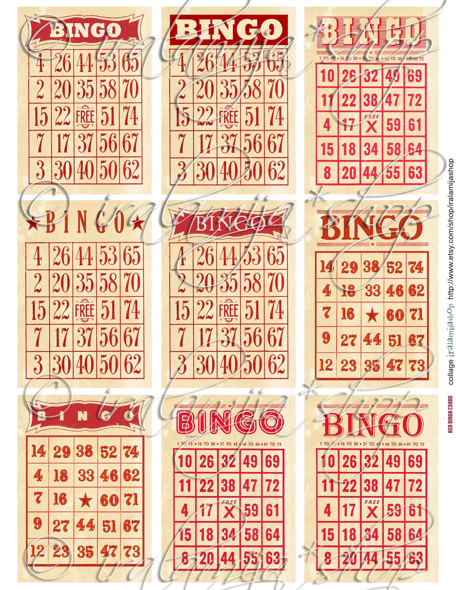 Printable Bingo Cards RED BINGO CARDS / Vintage Bingo Cards - Etsy