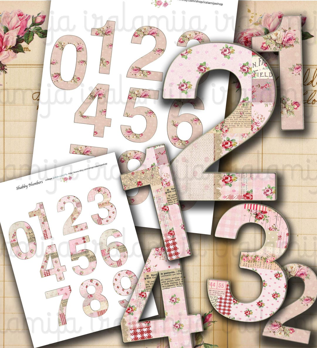 SHABBY NUMBERS Junk Journal, Numbers, Cut Outs, Planner, Tags, Roses ...