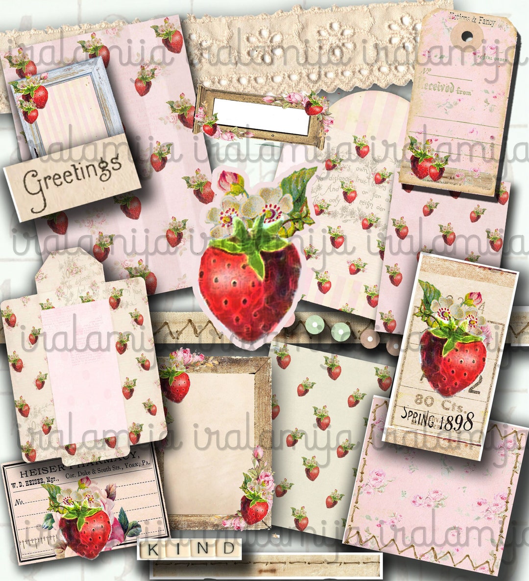 SWEET Strawberry, Digital Download/ Junk Journal Kit, Strawberry Images ...