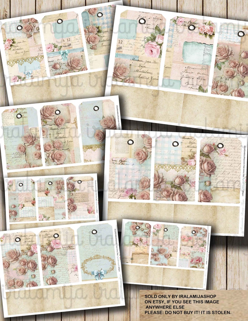 ROMANTIC ROSES TAGS, Junk Journal, Pages, Floral, Vintage, Shabby ...